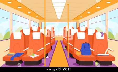 School bus seats. Train, public vehicle cabin interior set with ...