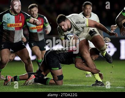 Stade Toulousain's Emmanuel Meafou is tackled during the Investec ...