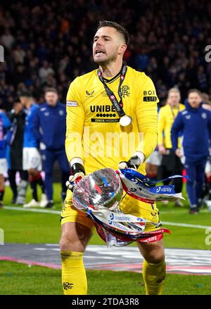 Rangers goalkeeper Jack Butland celebrates winning the penalty shoot ...