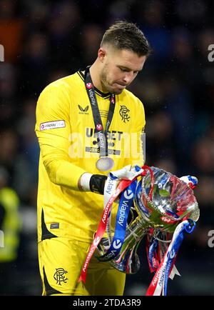 Rangers goalkeeper Jack Butland celebrates winning the penalty shoot ...