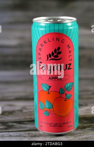 Cairo, Egypt, December 13 2023: Fayrouz Apple malt drink can, natural ...