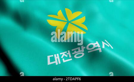 3D illustration flag of Daejeon is a region of South Korea. Waving on ...