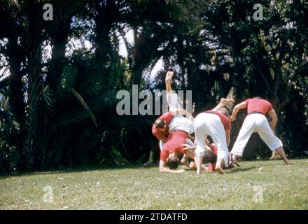 1950'S: A group of men practice karate flipping moves circa 1950's ...