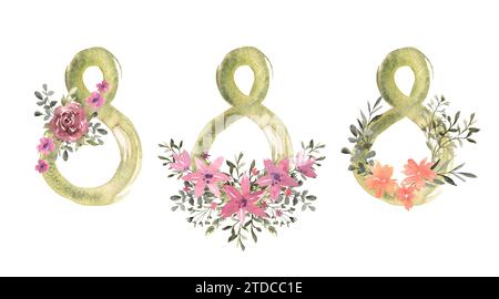 Set of 8 floral watercolors with different flowers and greenery. March ...