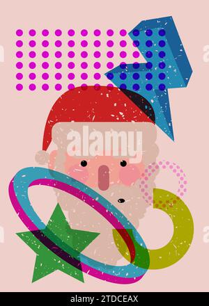 Risograph Santa Claus face, head with speech bubble with geometric ...