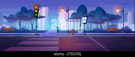 Dark night city street sidewalk near public park with pedestrian ...