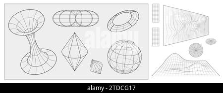 Wireframe forms set. Geometric surface grid of different shape ...