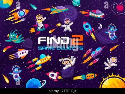 Find two same space planets, astronauts and aliens characters kids game ...