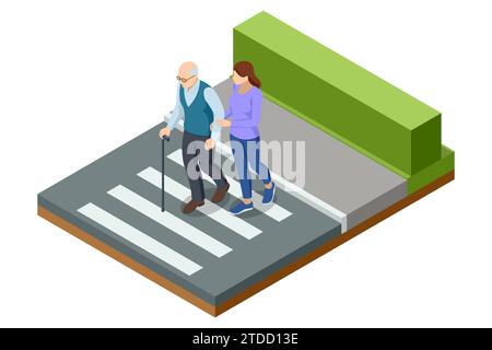 Isometric concept of helping the elderly in the city. A man helps an ...