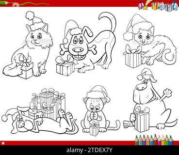 Coloring page Cartoon Christmas set. Illustration of black and white ...
