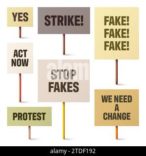Colorful protest signs with slogan on wooden holder. Realistic vector ...