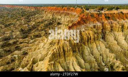 Aerial of the sandstone erosion landscape of Miradouro da Lua ...