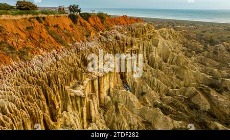 Aerial of the sandstone erosion landscape of Miradouro da Lua ...
