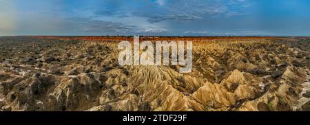 Aerial of the sandstone erosion landscape of Miradouro da Lua ...