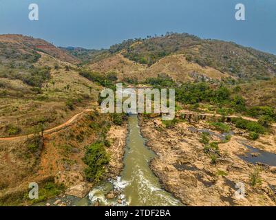 Aerial of the Cuvo River (Rio Keve) near the Binga waterfalls, Kwanza ...