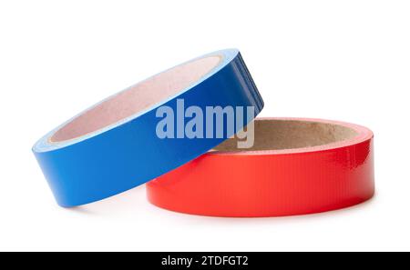 Red and blue adhesive tape in stack are isolated on white background ...