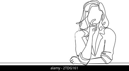 continuous single line drawing of thoughtful woman with hand on chin ...
