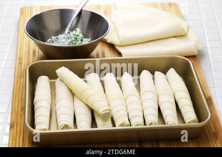 Sigara borek, Cigar-like Turkish spring rolls. A dough sheet called ...