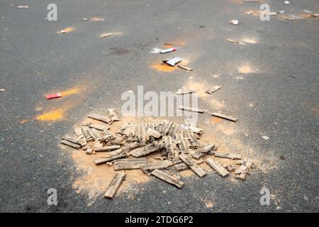 Fireworks rocket launcher box trash remains on german city street after ...