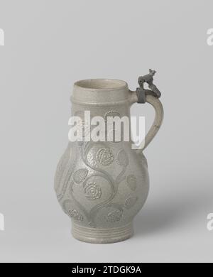 Jug with a portrait and floral scrolls, Stoneware jug on a stand ring with a pear-shaped body ...