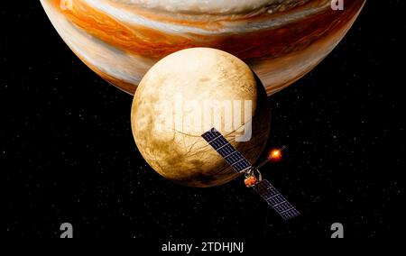 Clipper spacecraft on a flyby over Europa’s surface with Jupiter rising ...