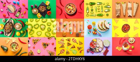 Collage of Mexican tacos on color background, top view Stock Photo - Alamy