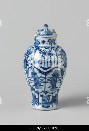 Covered jar with women and flower pots in panels, anonymous, c. 1680 ...