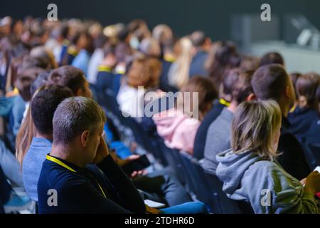 Multiethnic business crowd attending global seminar at conference hall ...