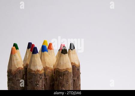 Original colored pencils, made with tree branches of the same size on a ...