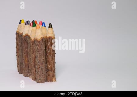 Original colored pencils, made with tree branches of the same size on a ...