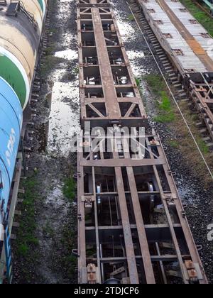 Empty freight train cars. Cars without a roof. Freight transportation ...