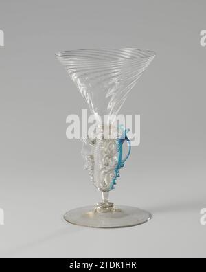 Wing glass with a funnel -shaped, twisted chalice with rim folded in a ...