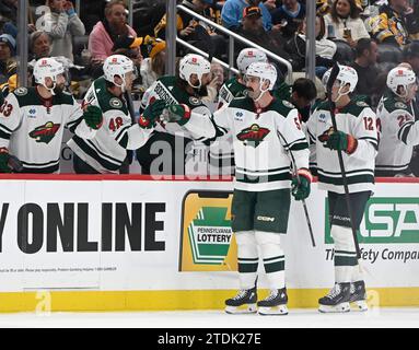 Minnesota Wild defenseman Jake Middleton lines up for a face-off ...