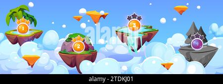 Arcade game levels map with floating islands on sky background. Vector ...