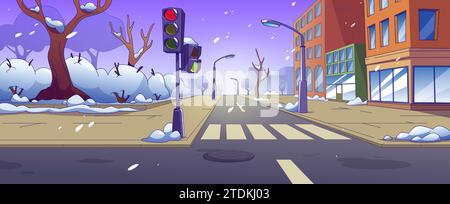 Winter city street intersection with houses and cars. Vector cartoon ...