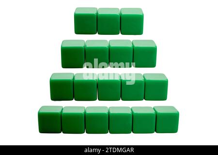 Closeup view of a row of small cubes isolated over a white background ...