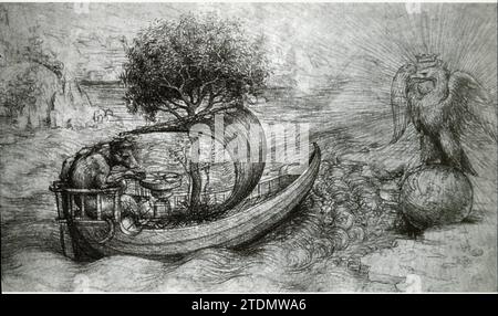 LEONARDO DA VINCI. ALLEGORY, CIRCA 1494. BLACK PENCIL AND INK DRAWING ...