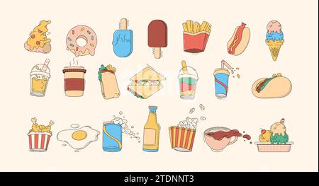 Cartoon set of doodle beverages, ice cream, fruits. Summer beach food ...