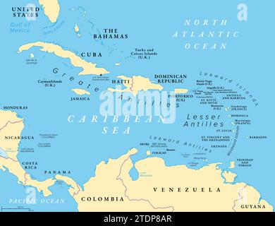 Political map of Lesser Antilles, Haiti and Dominican Republic with ...