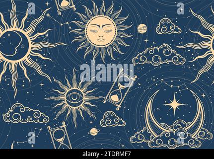 Seamless mystic space pattern with sun, moon and hands of sorceress ...