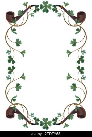 Frame of shamrock clover sprigs with leprechaun smoking pipes ...