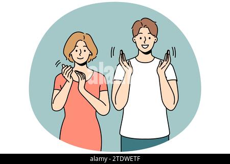 Smiling people clap hands meet welcome someone. Happy man and woman ...