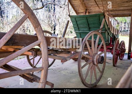 Farm wagons on display at the colonial Moravian settlement in Historic ...