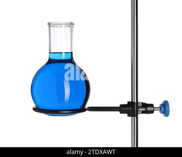 Retort flask with light blue liquid isolated on white. Laboratory ...