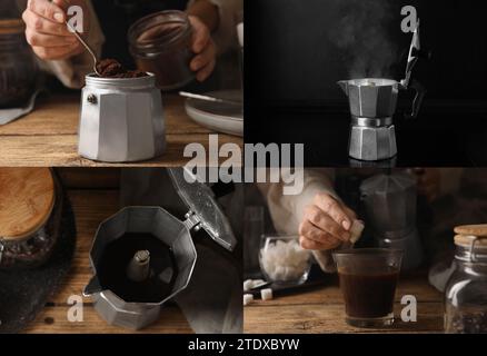 Making coffee with moka pot step-by-step. Collage with photos Stock ...