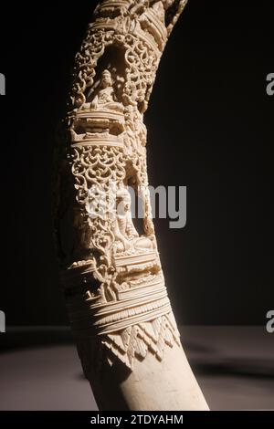 Detail of a carved ivory elephant tusk with the image of Henry II of ...