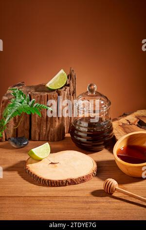 A glass jar contains honey. A transparent plastic spatula holds a ...