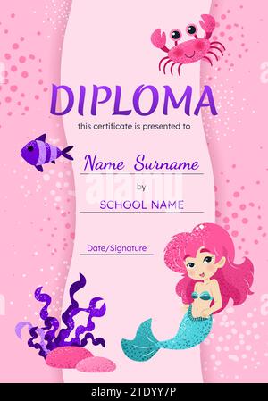 Diploma certificate template with cute mermaid for kids Stock Vector ...