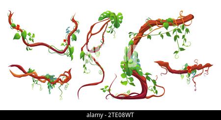Liana twisted and tangled branch with green leaf and flowers. Game ...