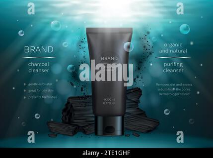 Charcoal face wash vector realistic cosmetic ads poster. Plastic tube ...